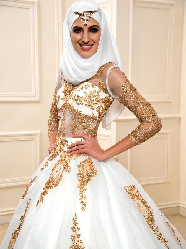 Luxurious Muslim Wedding Gown With Gold Sequins And Long Sleeves Free